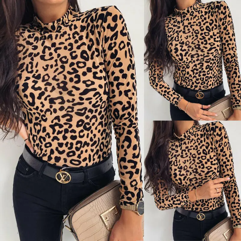 Women Blouses Fashion Leopard Print Turtle Neck Blouse Autumn Long ...