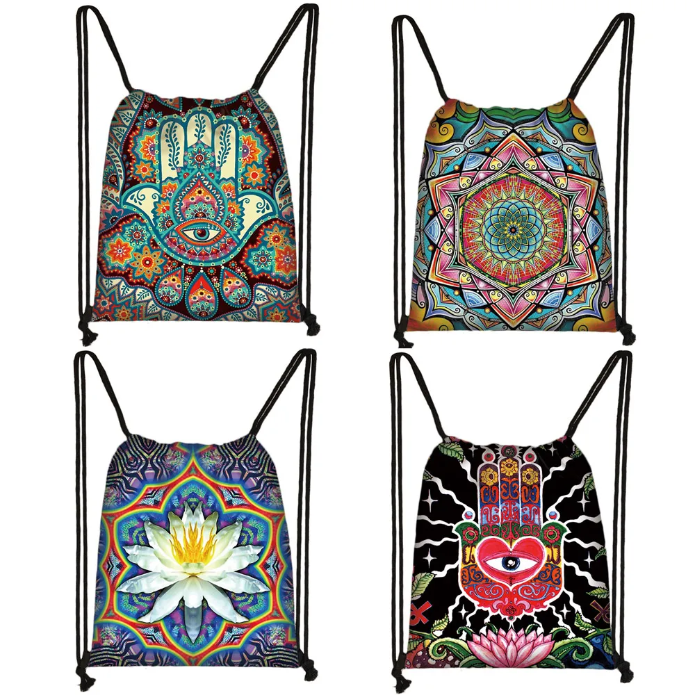 Hamsa Fatima Hand / Mandala / Buddha Lotus Flower Drawstring Bag Women ...