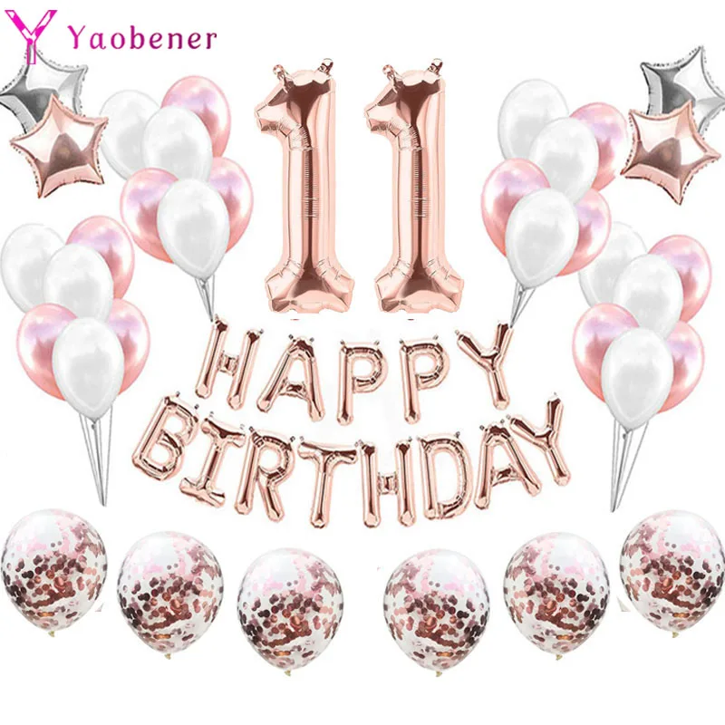 Rose Gold 11 Birthday Balloons Number Foil Confetti Helium Globos Boy ...