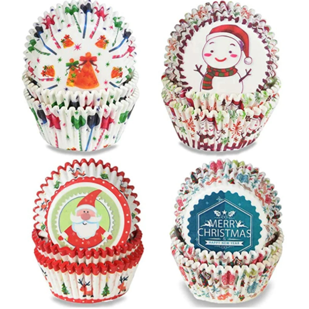 100pcs-Christmas-Printed-Cake-Paper-Cups-Greaseproof-Paper-Cake-Tray ...