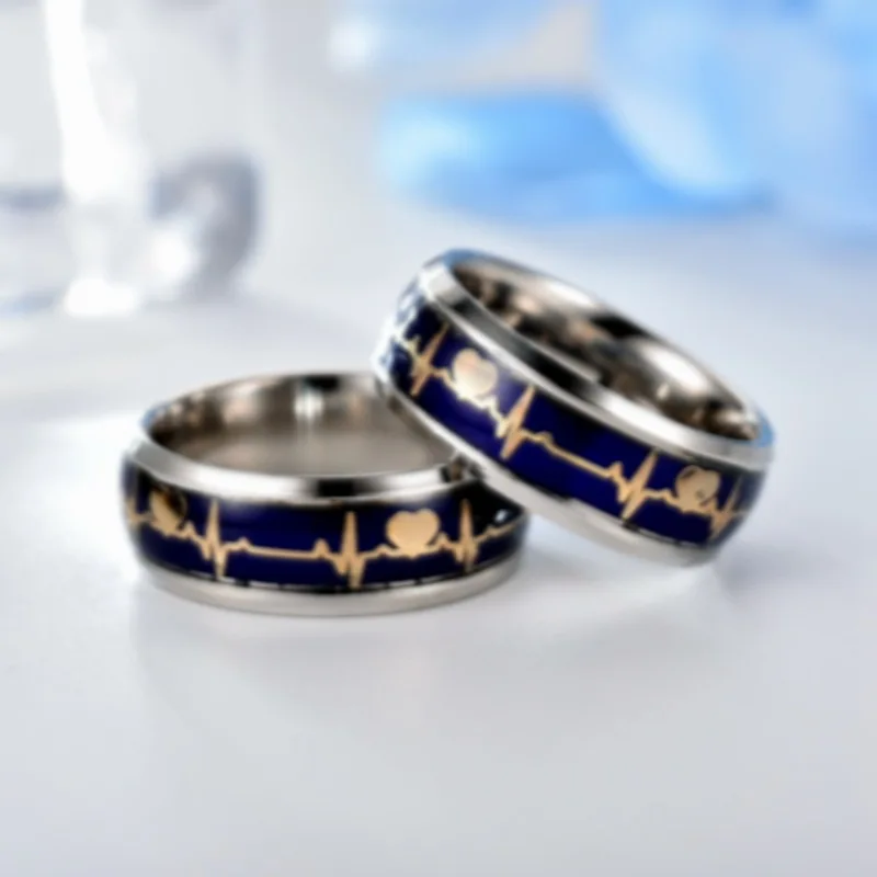 CreativeFashion Couple Ring ECG Printing Temperature Sensitive Color ...