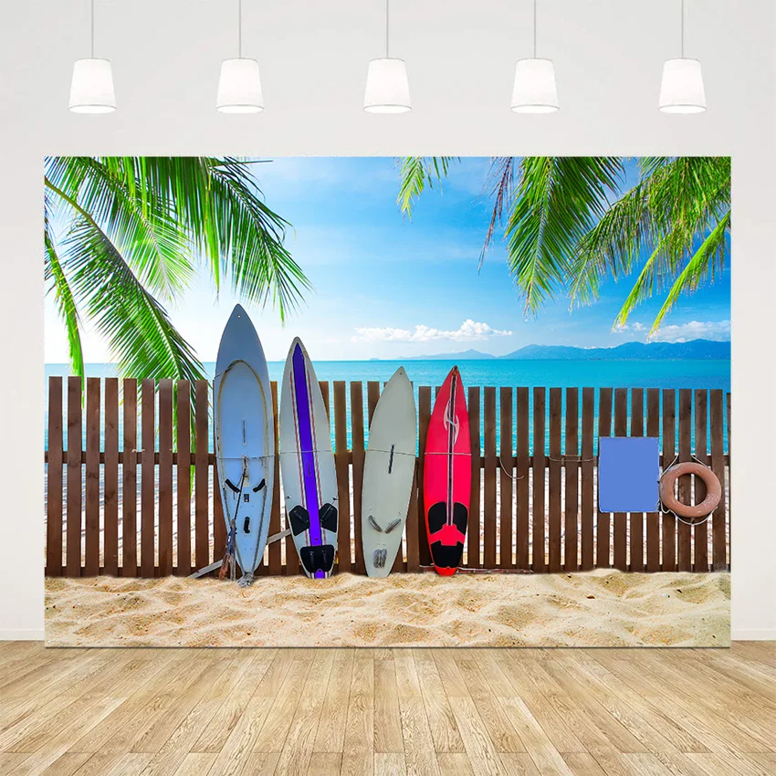Summer beach cocount tree sufboard holiday backdrop for photography ...
