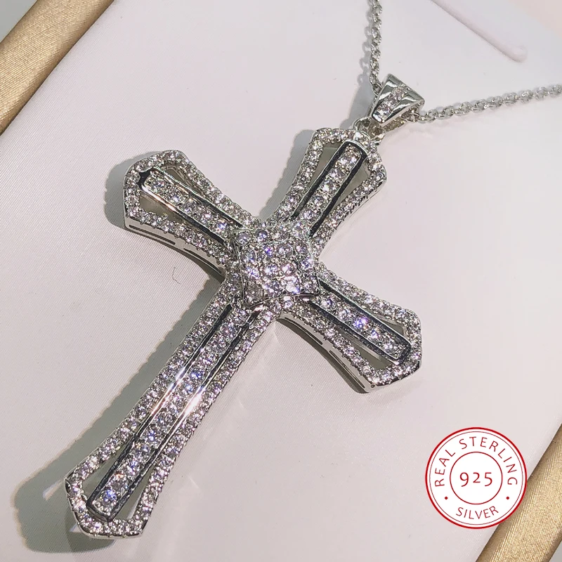 Classic 925 Silver Twinkling Zircon Cross Pendant Long Chain Statement Necklace For Women Man ...