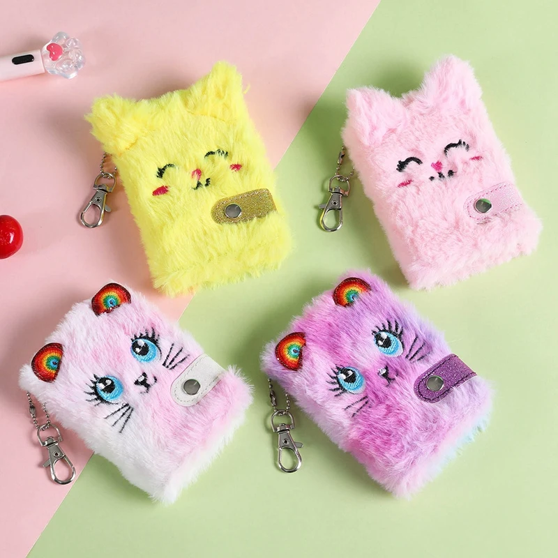 Cute Cat Plush Notebook For Girls Kawaii Pendant Keychain Furry Cats ...