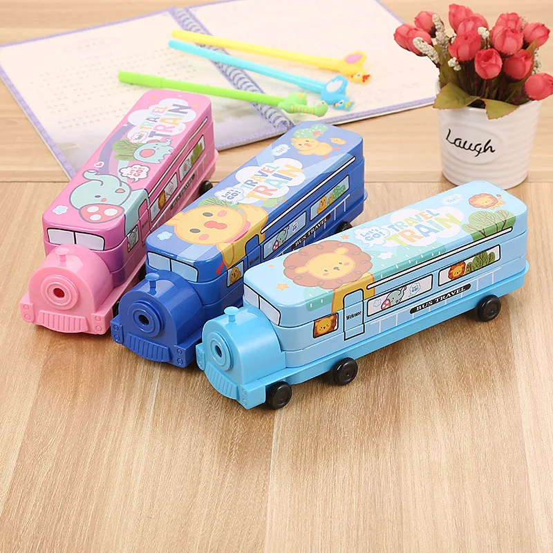 Tinplate Stationery Box Boys and Girls Multi function Cute Train Pencil ...