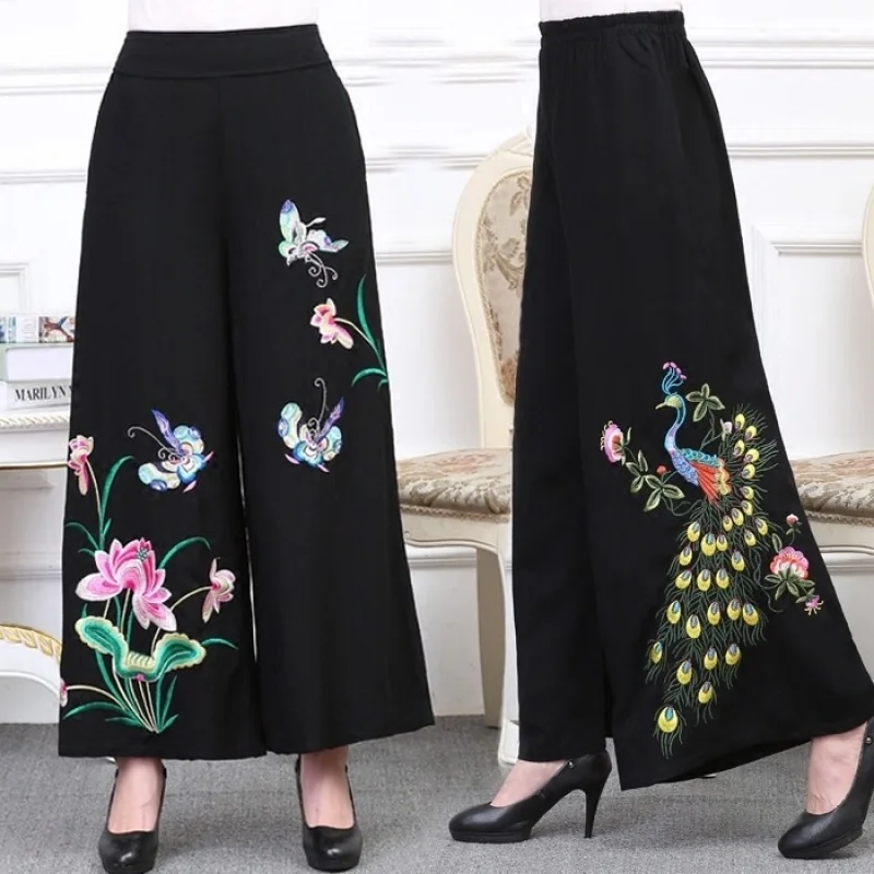 Women Floral Embroidered Long Pants Spring Summer Cotton Linen Folk ...