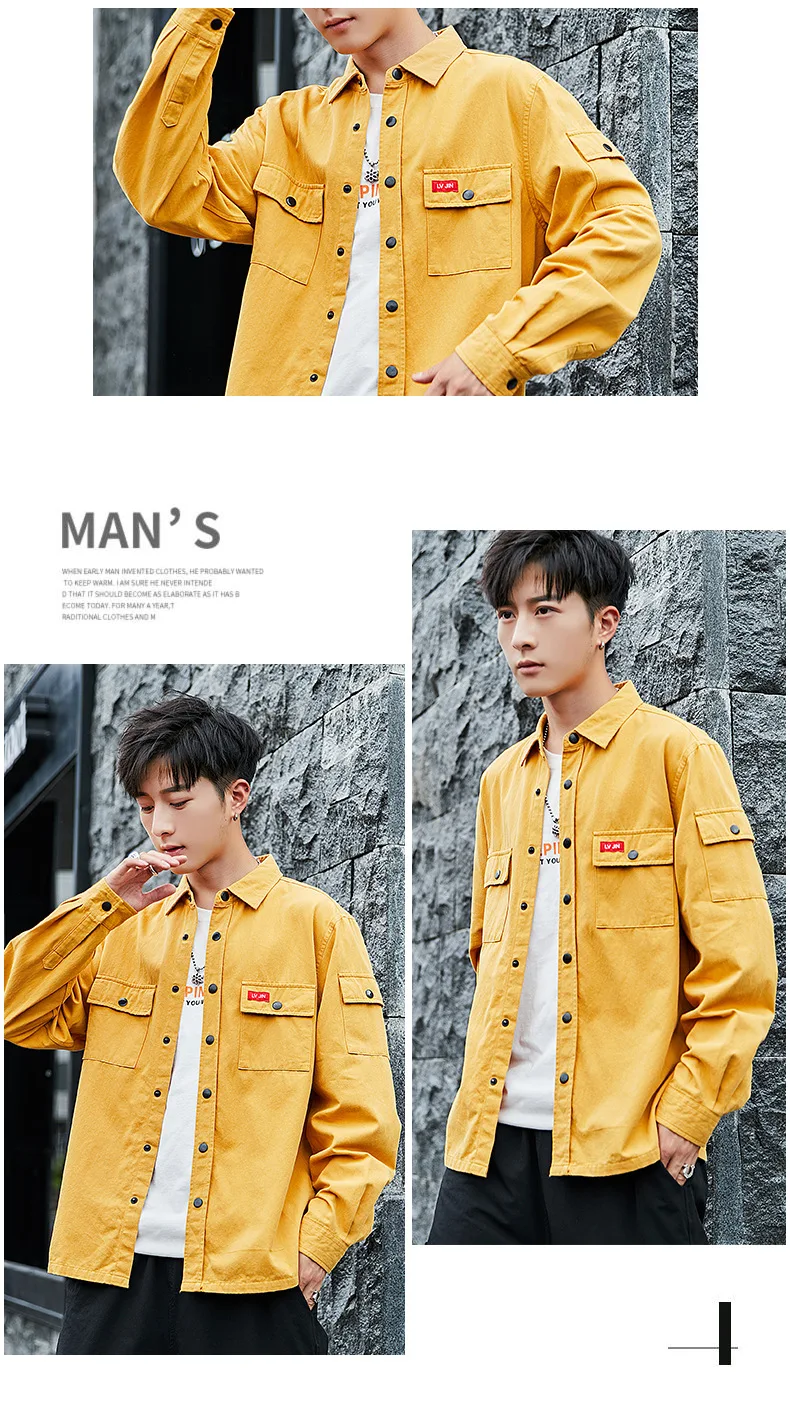 Винтажная Мужская рубашка, Новая мода, длинный рукав, сплошной цвет ...