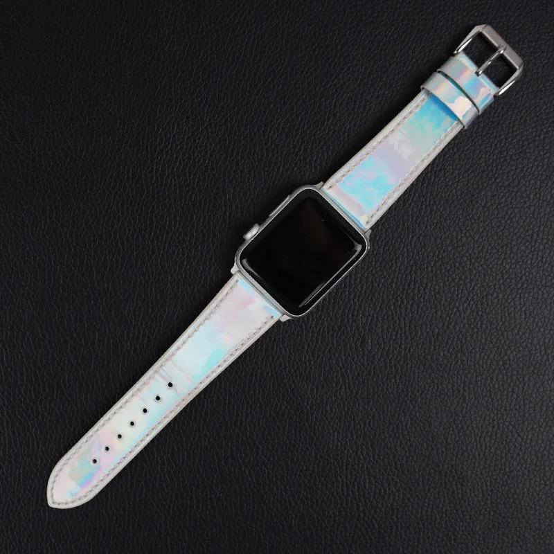 Laser Reflection Material Bright Leather Band For Apple Watch 38mm 42mm ...