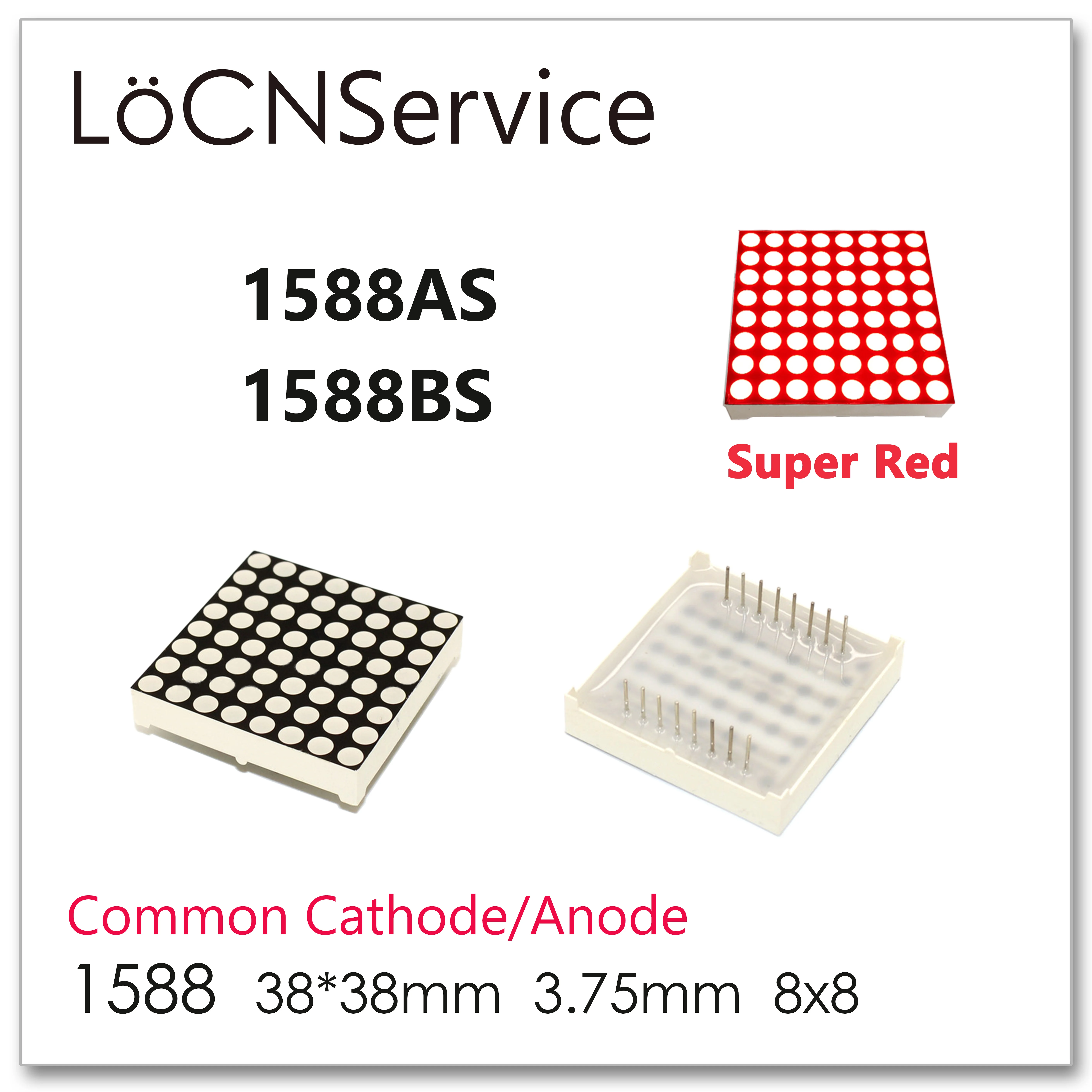 LoCNService LED Dot Matrix 1588AS 1588BS 1588 100PCS RED 8x8 38*38mm 3 ...