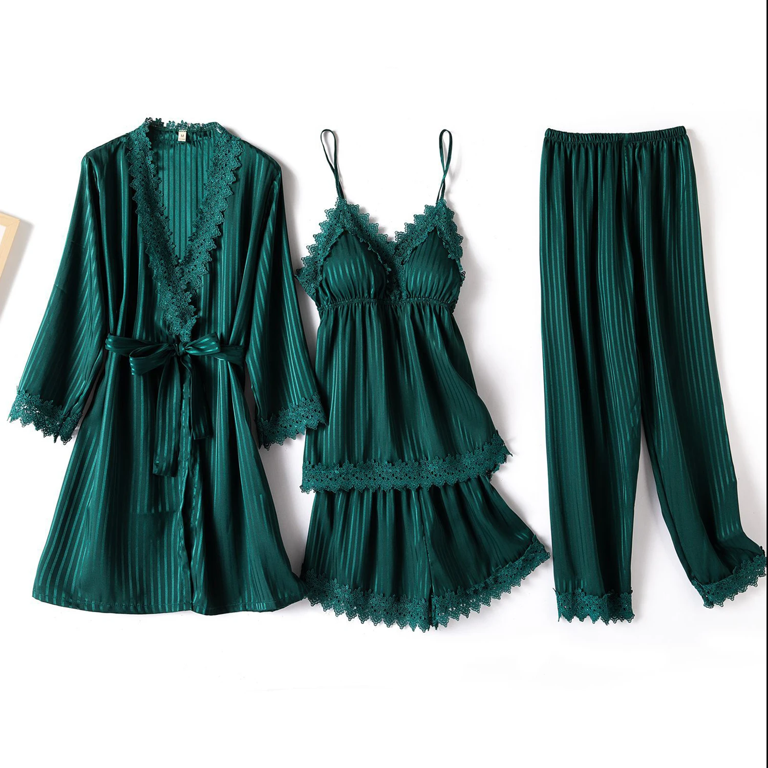Silk-Pajamas-Set-Lace-Women-4PC-Robe-Gown-Sexy-Satin-Nightsuits-V-Neck ...