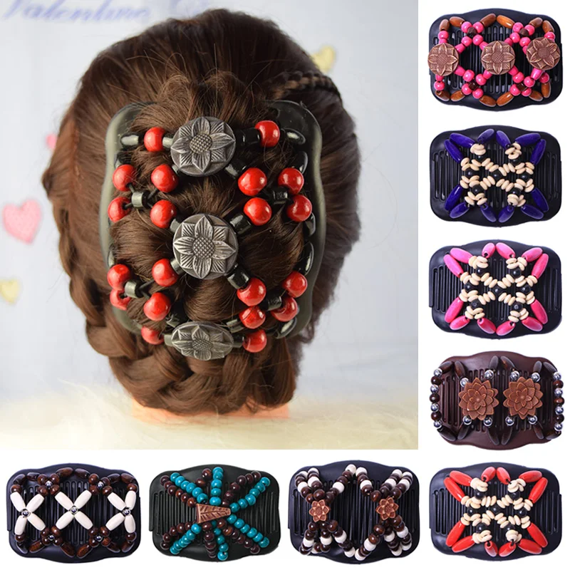 Double Beaded Elastic Hairpin Hair Comb Vintage Natural Wood Stretchy ...