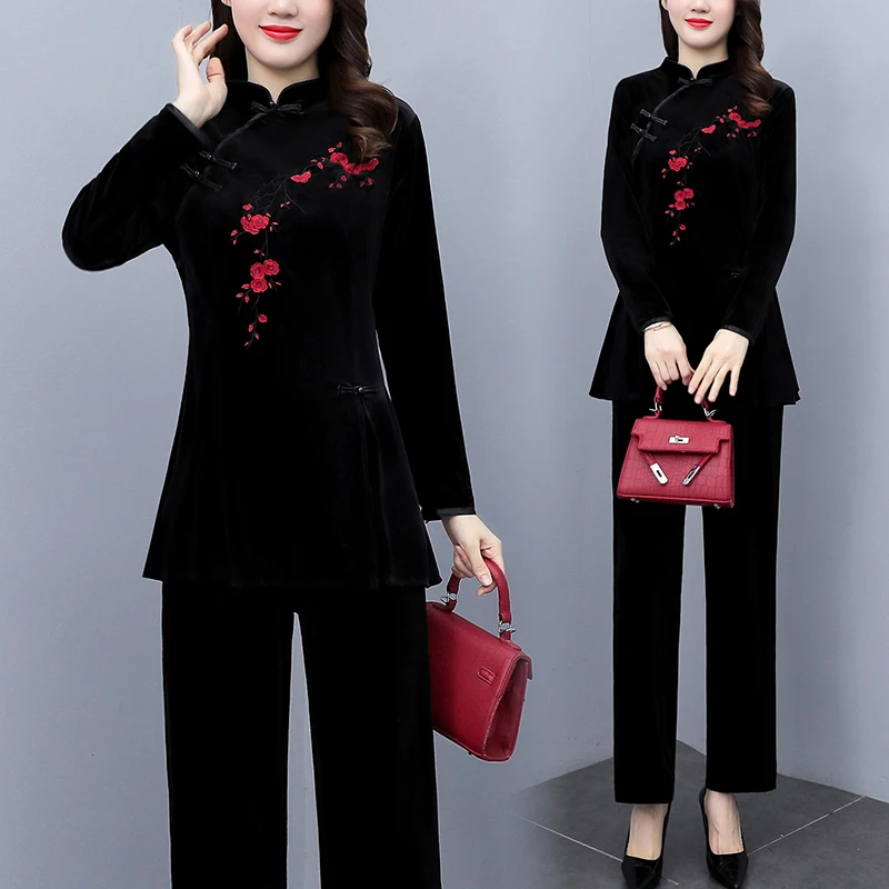 Autumn Winter Chinese Style 2 Piece Set Women Long Sleeve Stand Collar ...