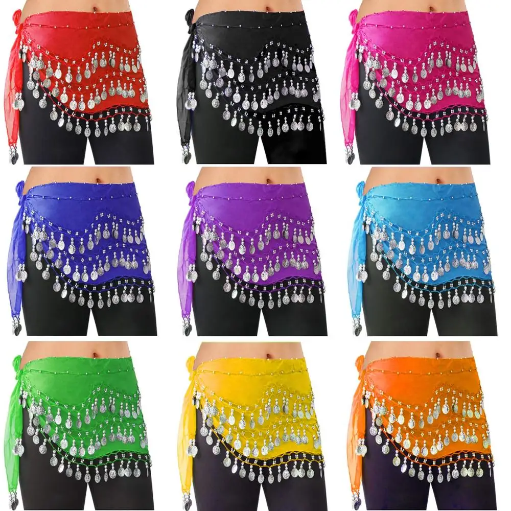 Hip Scarfs for Belly Dancing with 128-Silver Coins Waist Costume Belt ...