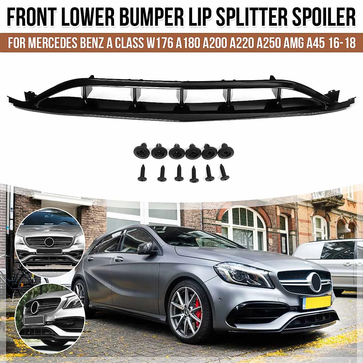 W176 Glossy Painted Front Lip Spoiler with Side Splitter Canards Apron ...