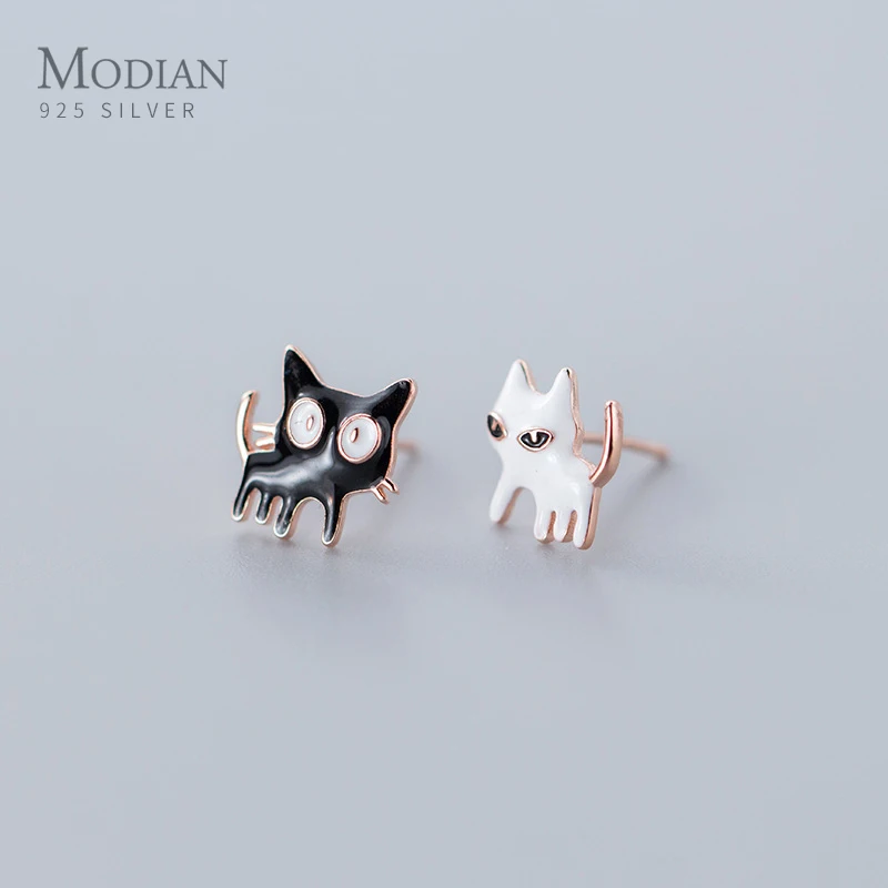 MODIAN White and Blace Enamel Cute Cat Stud Earring for Women Genuine ...