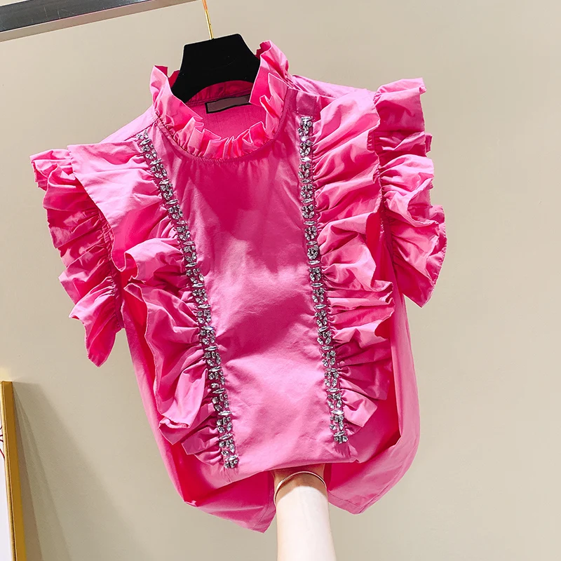 Blusa rosa lisa con volantes para mujer, Blusa de manga corta ajustada ...