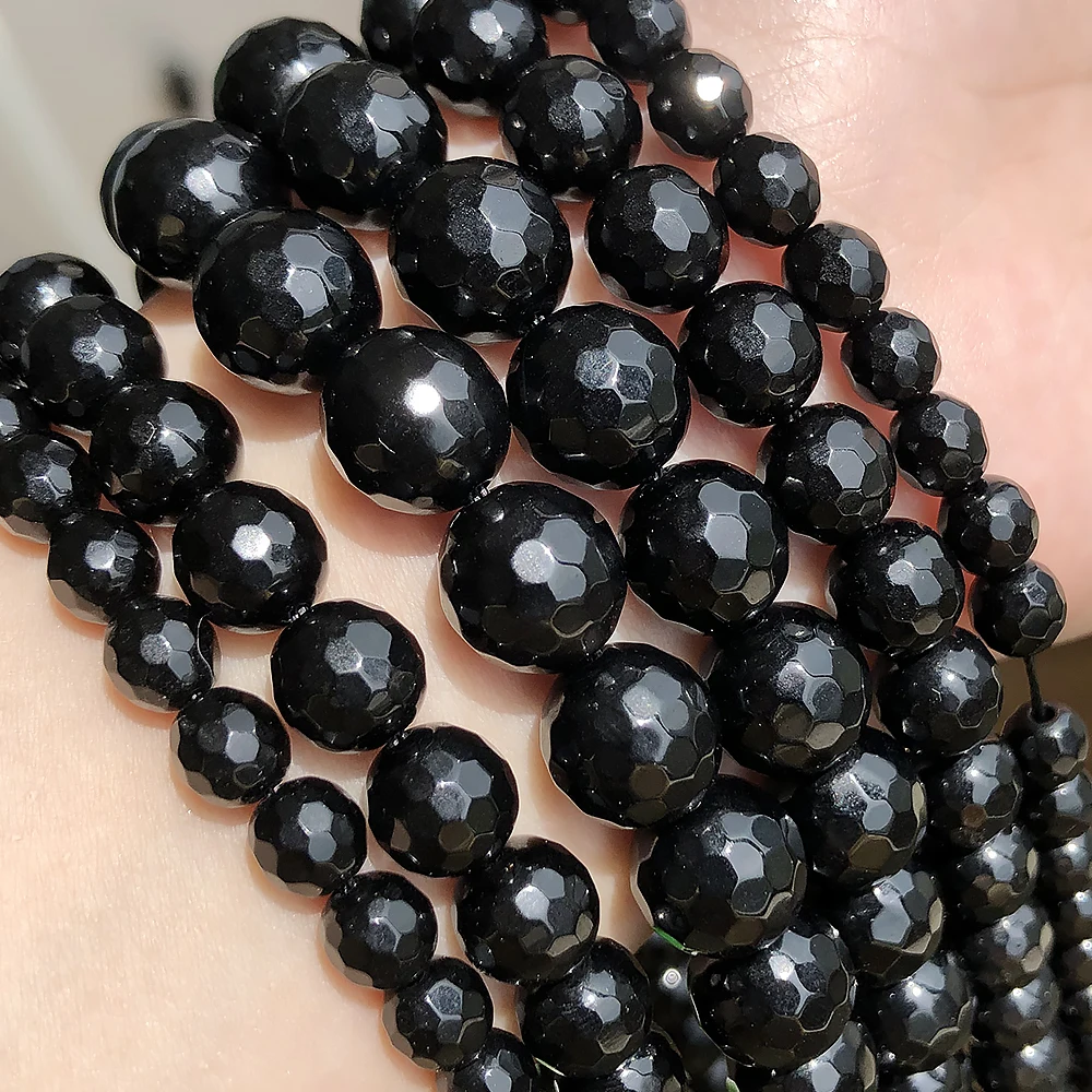 Natural Stone Beads Faceted Black Agates Round Loose Beads For Jewelry ...