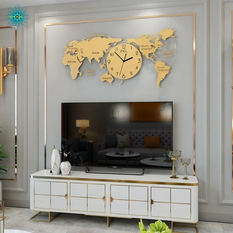 World Map Large Wall Clock Modern Design 3D Stickers Hanging Clocks ...