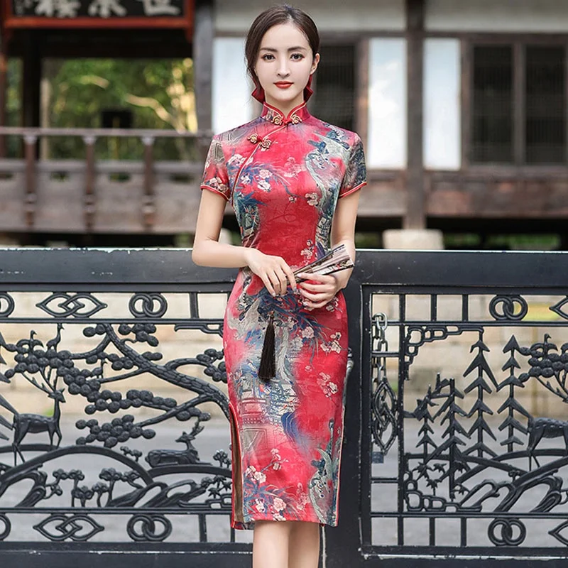 붉은 매화 인쇄 여름 Cheongsam 드레스 짧은 소매 중국 스타일 빈티지 Qipao 실크 긴 드레스 슬림 의상|청삼 ...