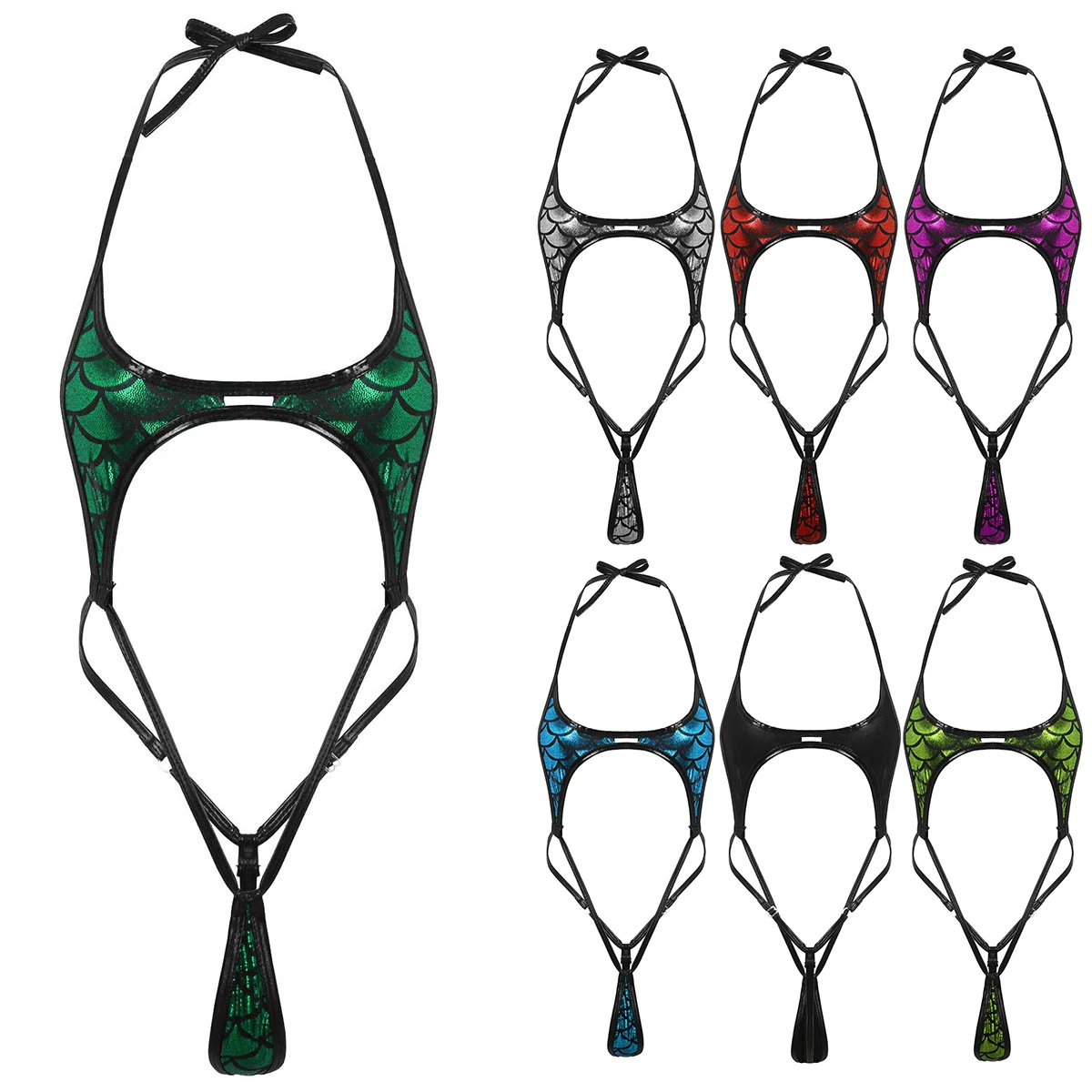 Womens One-piece Monokini Swimsuit Shiny Metallic Mermaid Fish Scale ...