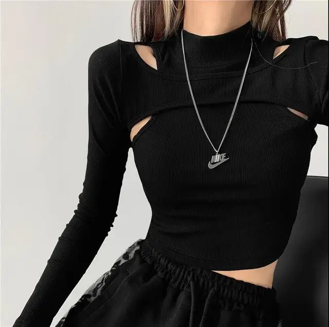Hollow Knitted Crop Tops Women New Fitness Fake Two-piece T-shirt ...