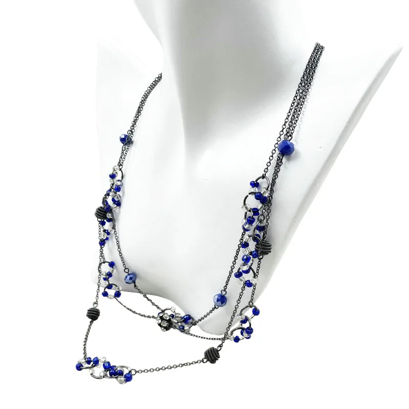 M117 Fashion Wholesale Jewelry Black Chain Blue Crystal Beads 3 Layered ...