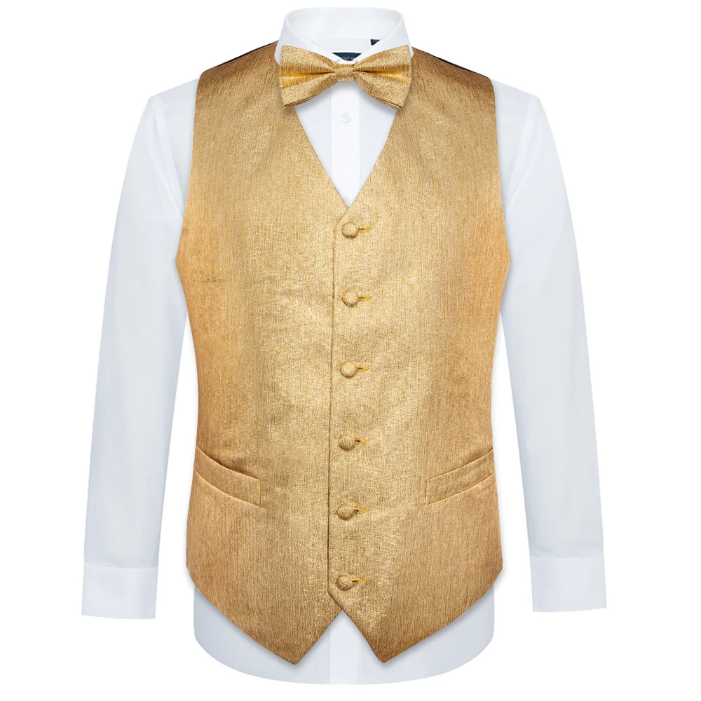 Gold Solid Suit Vests Mens Silk Waistcoat Vest Handkerchief Bowtie ...