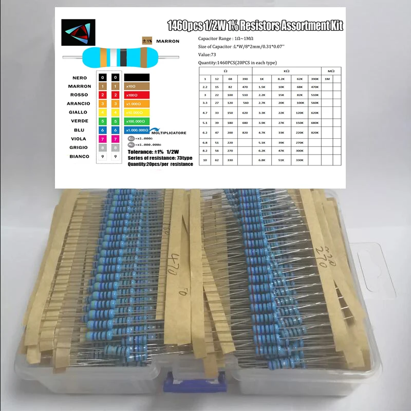 1-2W-1-73valuesX20pcs-1460pcs-1R-1M-Ohm-Pack-0-5W-Metal-Film-Resistor ...