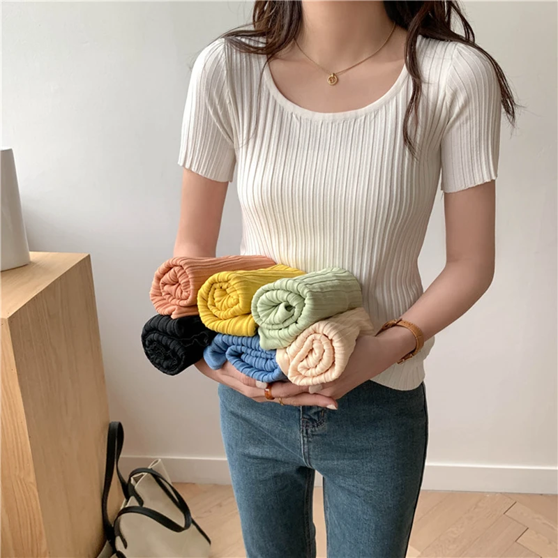 2021 Pullover knitted Short Sleeve knitted Sweater Women Spring Summer ...
