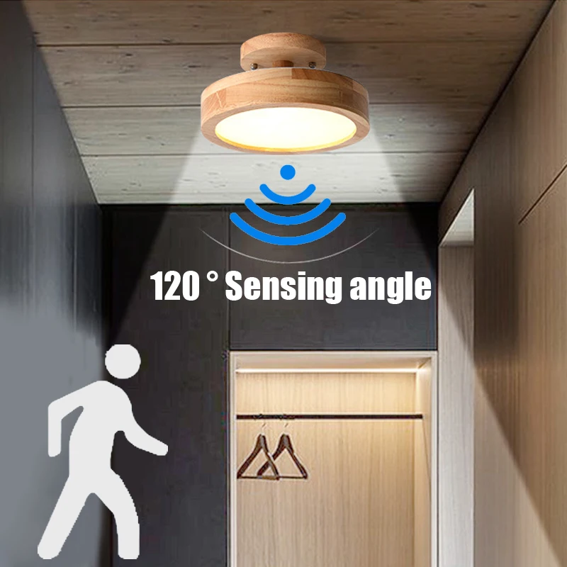 Modern Nordic Wood Led Ceiling Plafond Round Motion Sensor Light Stairs ...