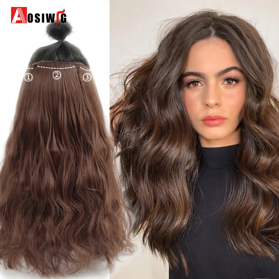 AOSIWIG-Long-Straight-Wavy-Curly-Black-Brown-Synthetic-Hair-Extensions ...