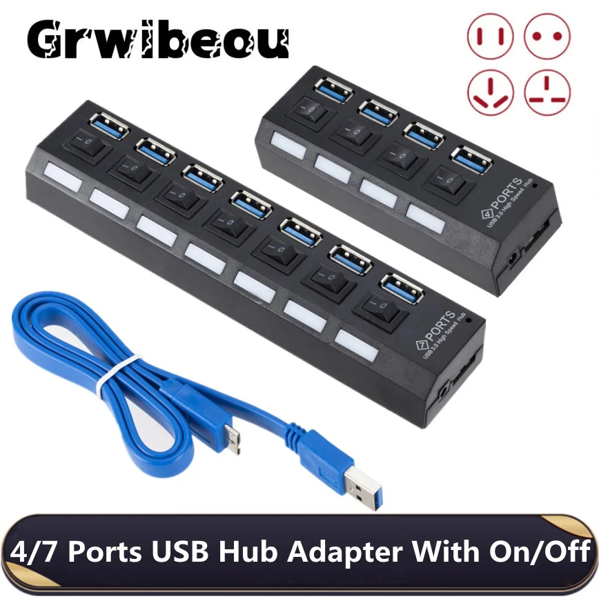 Grwibeou 4/7 port USB HUB 3.0 Multi USB Splitter USB Hab With Switch Power Adapter Mini Hub ...