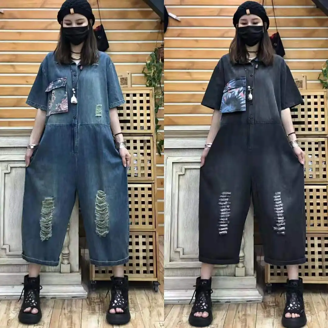 Mono de mezclilla de manga corta para mujer, peto de Jean de pierna ...