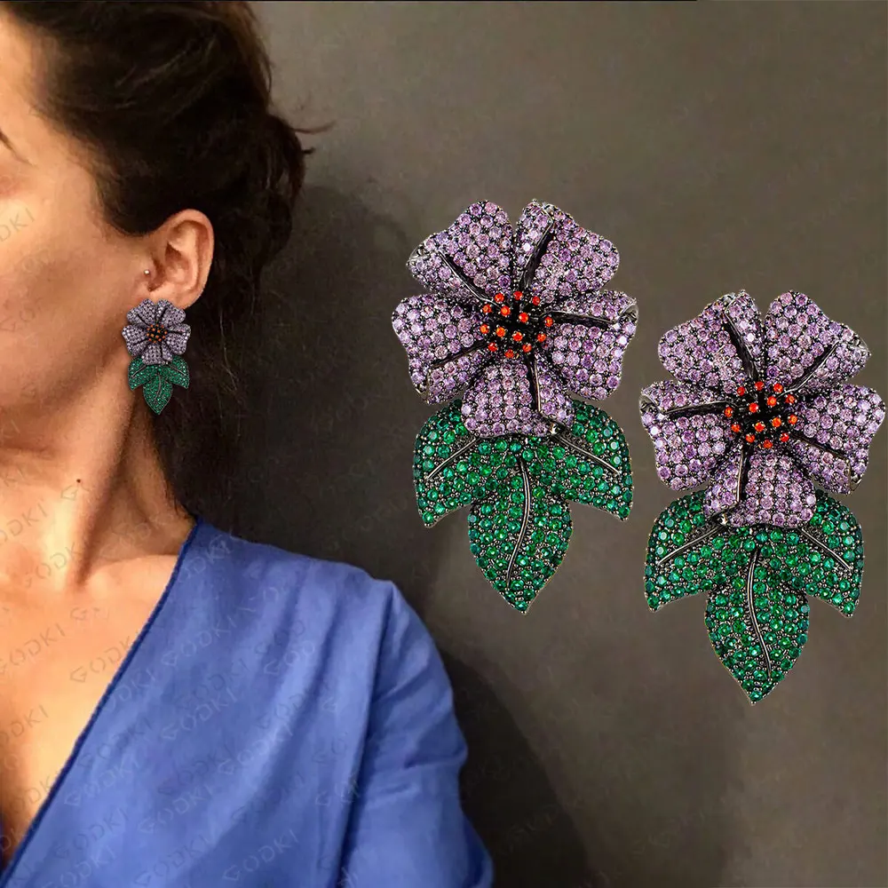 GODK Luxury Big Flower Statement Earrings For Women Wedding Cubic ...