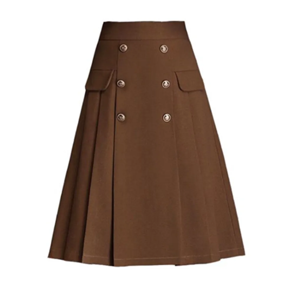 Falda de lana a media pantorrilla para mujer, faldas plisadas de cintura alta de color caqui ...