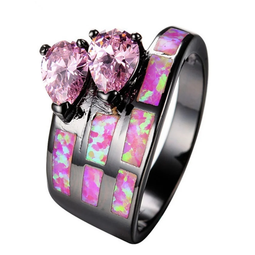 Trendy-Black-Gun-Plated-Alloy-Pink-Opalite-Opal-Geometric-Finger-Ring ...
