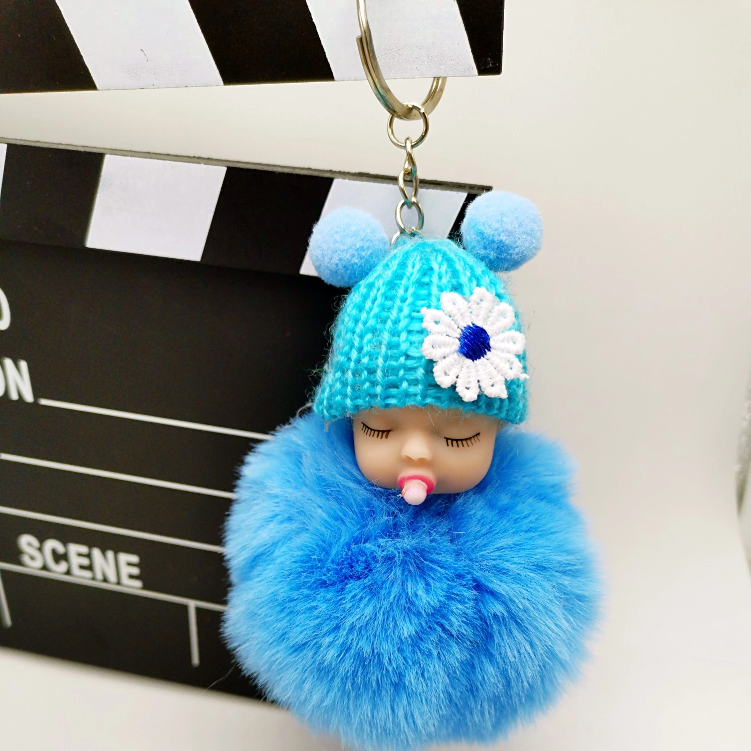 Sleeping Baby Doll Keychain Pompom Rabbit Fur Ball Key Chain Car ...