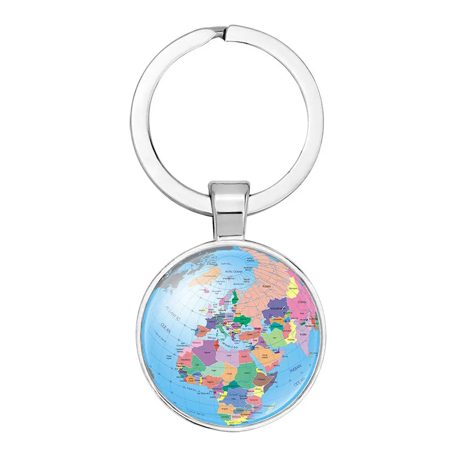 World Map Keychain Travel Exploring Glass Dome Cabachon Aircraft Charm ...