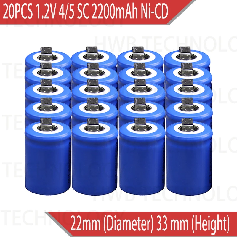 20X Ni Cd 4/5 SubC Sub C 1.2V 2200mAh Rechargeable Battery with Tab ...