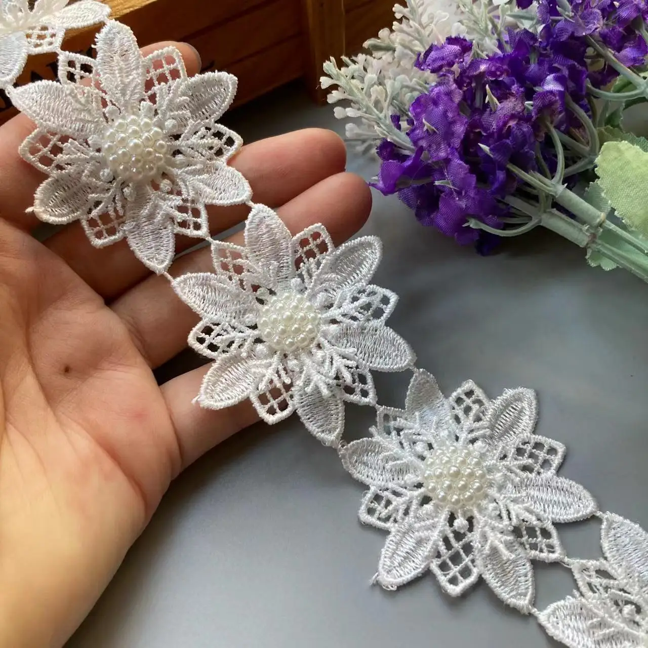 1-Yard-White-Pearl-Handmade-Snowflake-Lace-Trim-Ribbon-Beaded-Flower ...
