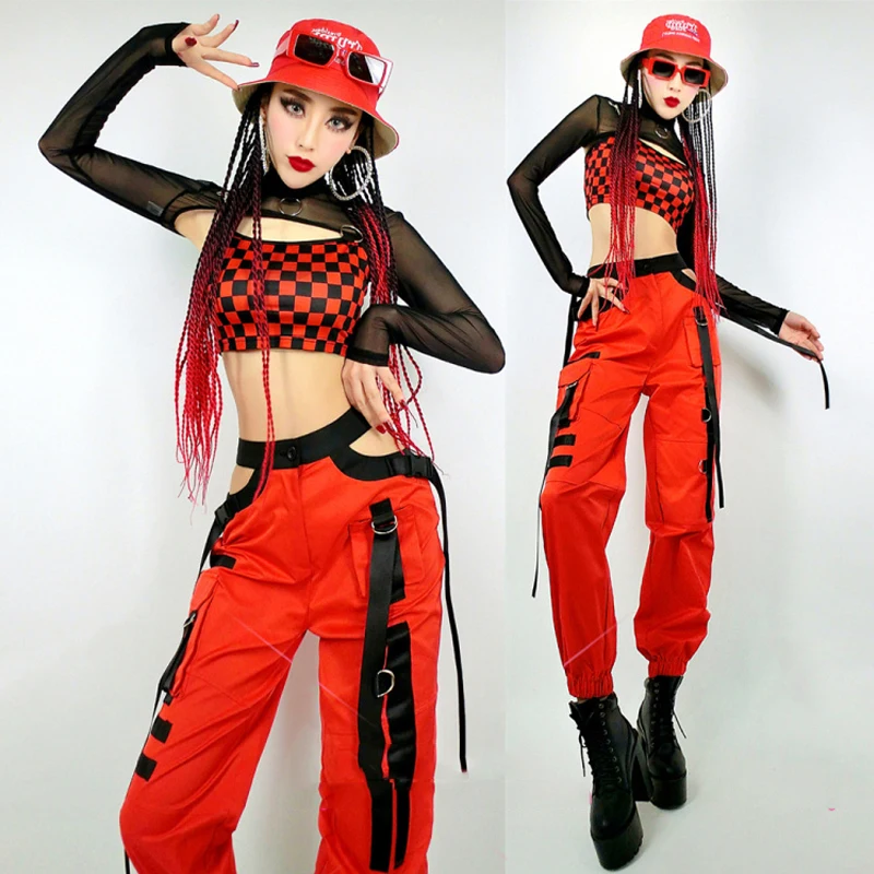 Modern Jazz Dance Costumes Women Red Plaid Vest Hollow Pants Adult Hip ...