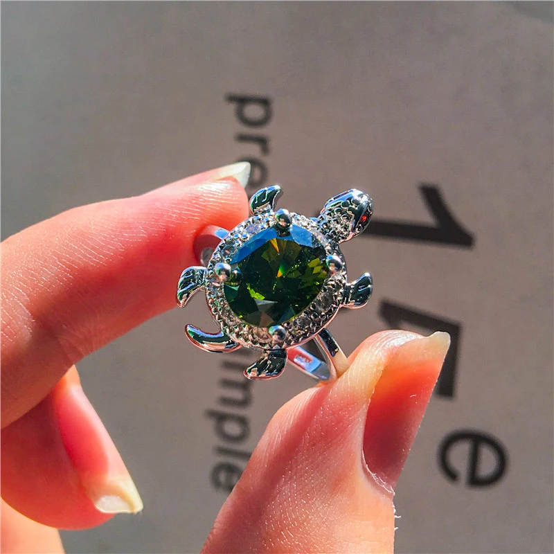Cute Female Big Olive Green Turtle Ring Silver Color Crystal Zircon ...