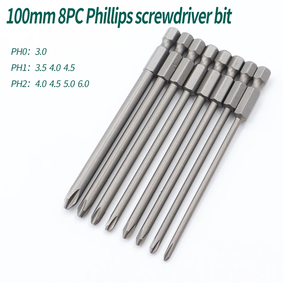 8pcs-100mm-Phillips-screwdriver-bit-with-magnetic-PH0-PH1-PH2 ...