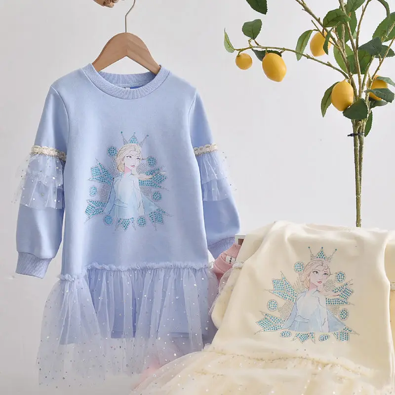 Disney Fall Kids Elsa Princess Dresses Girls Lace Long Sleeve Princess ...