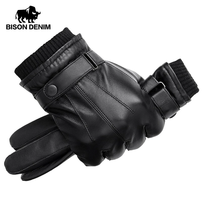 Bison Denim Men Genuine Sheepskin Leather Gloves Autumn Winter Warm ...