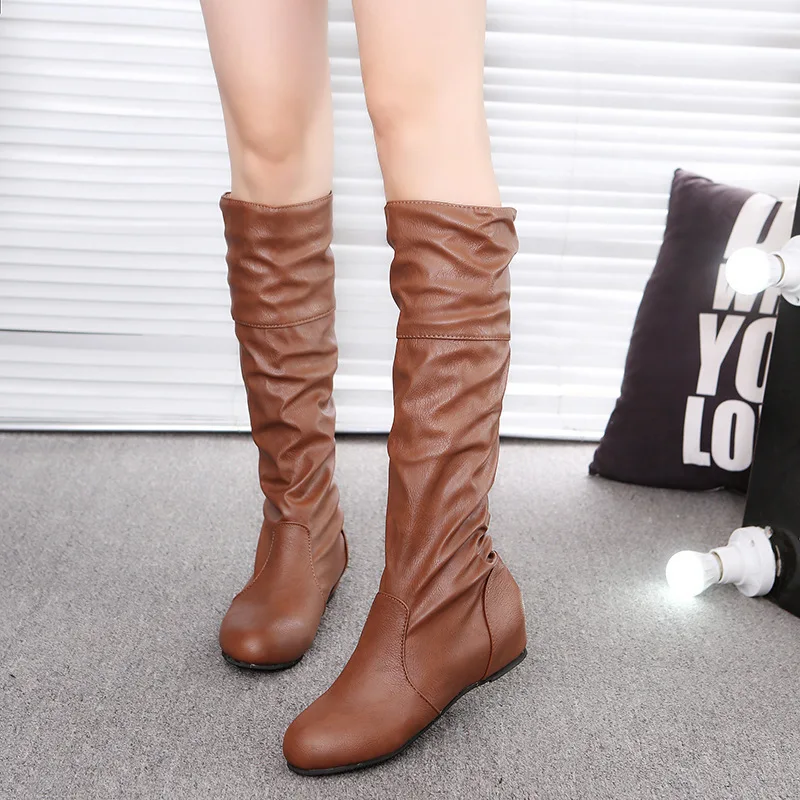 2021 Women Cowboy Boots Vintage Wrinkle Knee high Winter Boots Flats ...
