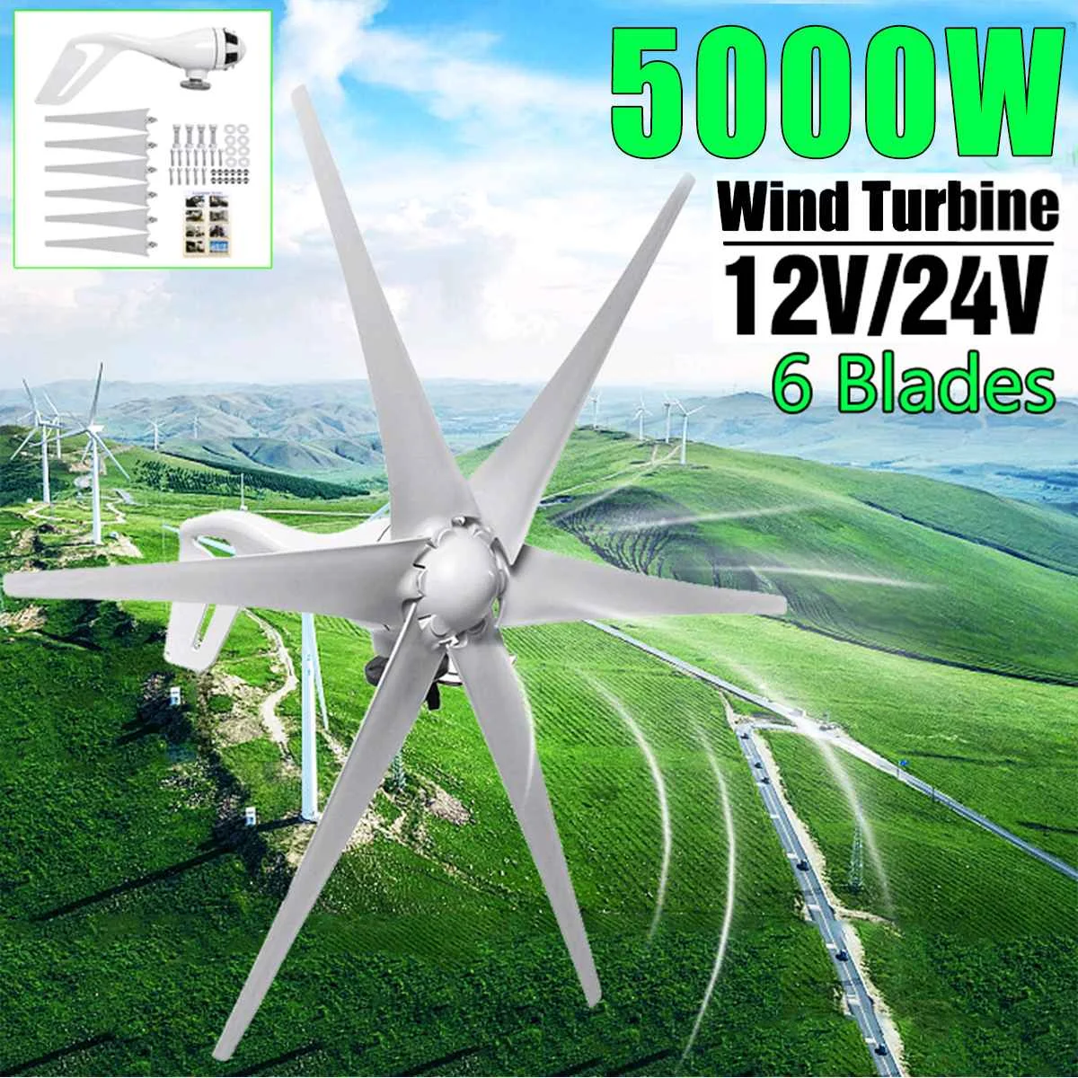 5000W 6 Blades Horizontal Wind Turbine Generator 12V/24V Wind Turbine ...