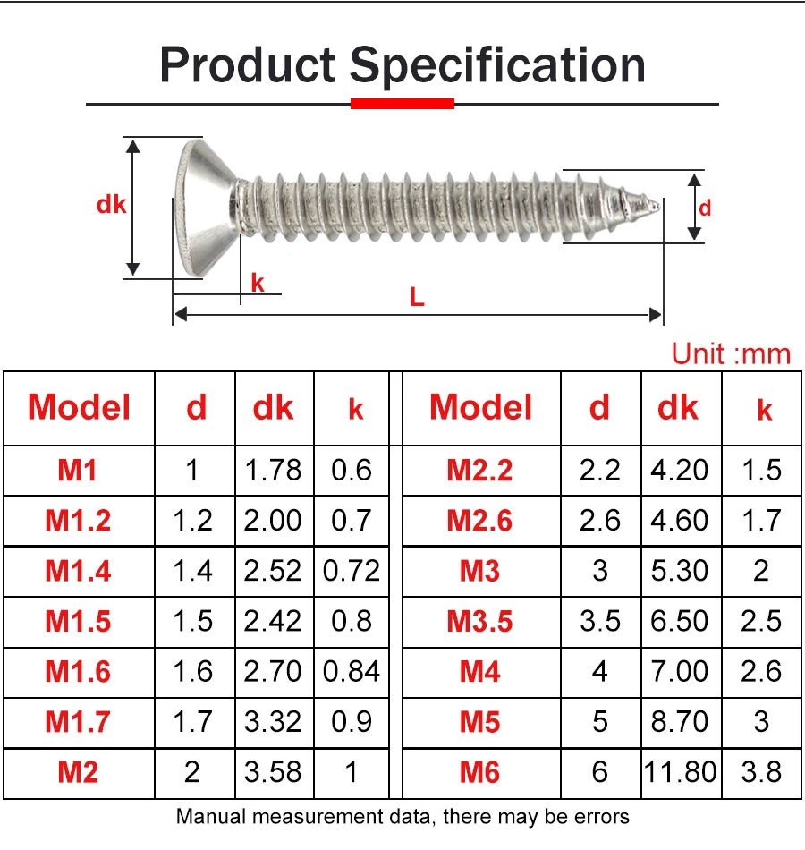 M4 30 PCS-80 mm -Vis autotaraudeuse à tête fraisée M3 M3.5 M4 M5 M6, vis Phillips à tête plate ...