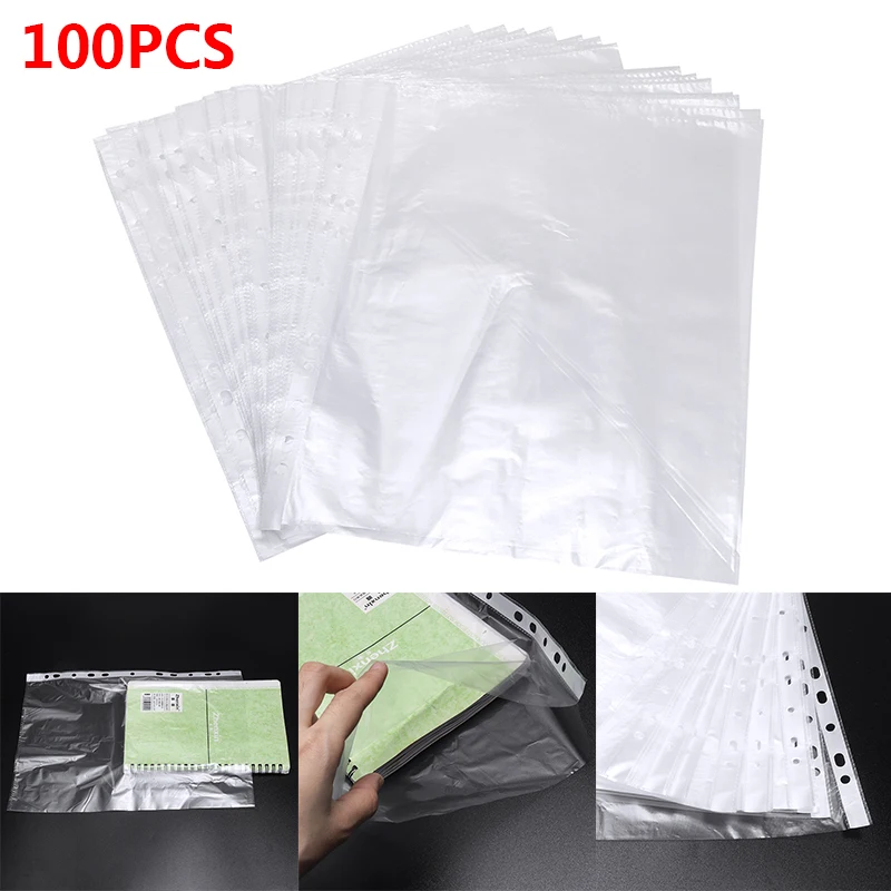 100Pcs A4 Clear File Fodler Folder Bags Plastic Transparent Punched ...