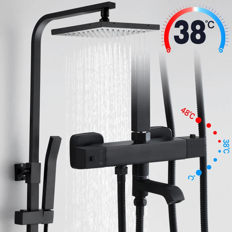 Black Thermostatic Shower Faucet Set Rainfall Multiple Types Long Spout ...